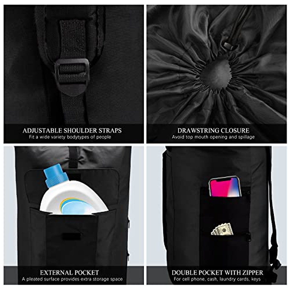 115L Laundry Bag Backpack Extra Large - Heavy Duty Laundry Bag with External Pocket and 2 Pockets with Zipper, Black Durable Laundry Bag with Labor-saving belt, Sturdy Waterproof Laundry Hamper for Travel, Apartment, Laundromat