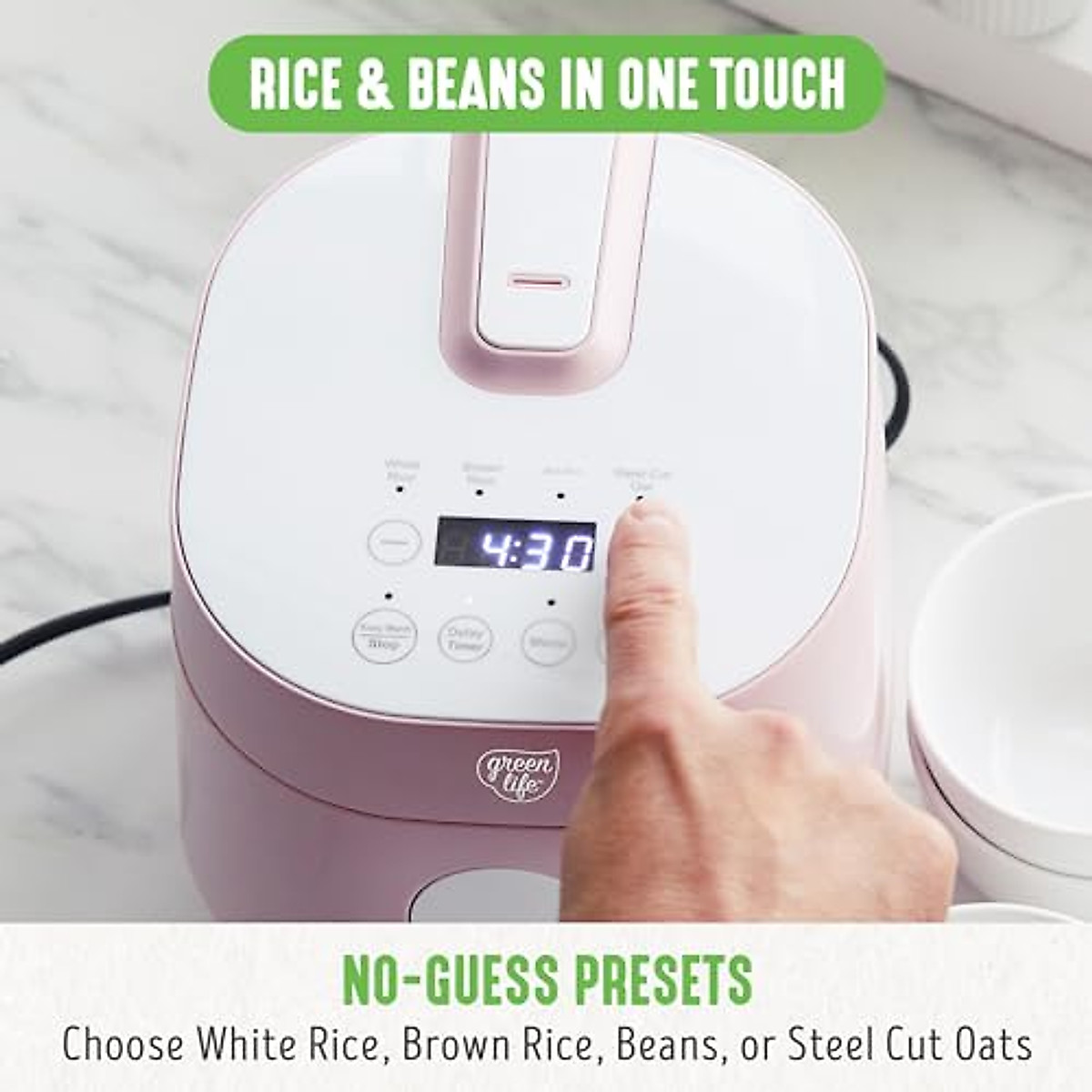 GreenLife PFAS-Free, 4-Cup Rice Beans Oats and Grains Cooker, Healthy Ceramic Nonstick, Easy to Use Automatic Presets, Dishwasher Safe Parts, Pink