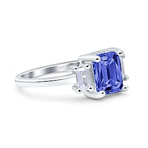 Blue Apple Co. Simulated Tanzanite Cubic Zirconia Size-6 Emerald Cut Art Deco Three Stone Wedding Ring CZ 925 Sterling Silver