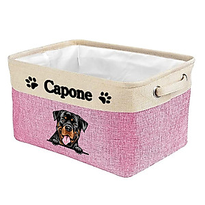 MALIHONG Personalized Foldable Storage Basket with Cute Dog Rottweiler Collapsible Sturdy Fabric Pet Toys Storage Bin Cube with Handles for Organizing Shelf Home Closet, Pink and White