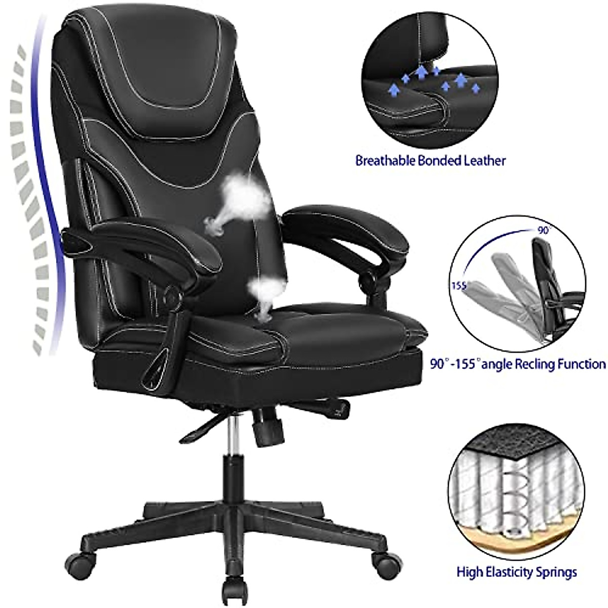 KCREAM Office Chair Back Support, Ergonomic Desk Chair Computer Chair PU Leather Chair Swivel Chair Armrests with Thick Padded Seat Managerial & Executive Chairs(9109-black)