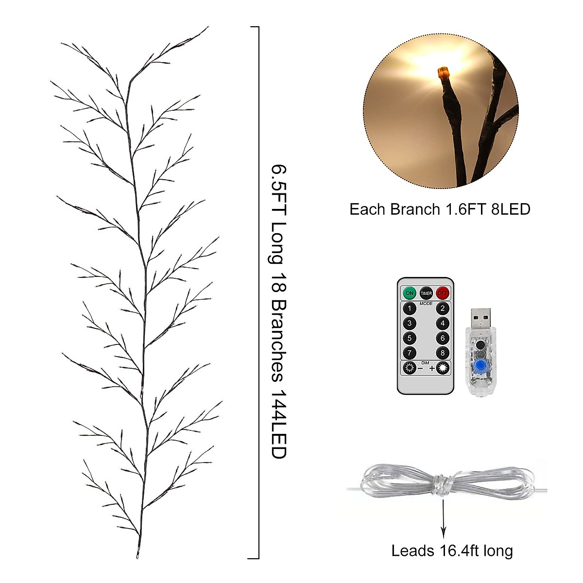 H-Wniniai Vines for Bedroom Birch Fall Garland, 6FT 18 Branches 144LED, 8 Modes Artificial Plants Lighted Willow Vine with Remote Control, Wall Decor for Room Decor, Wall Lights