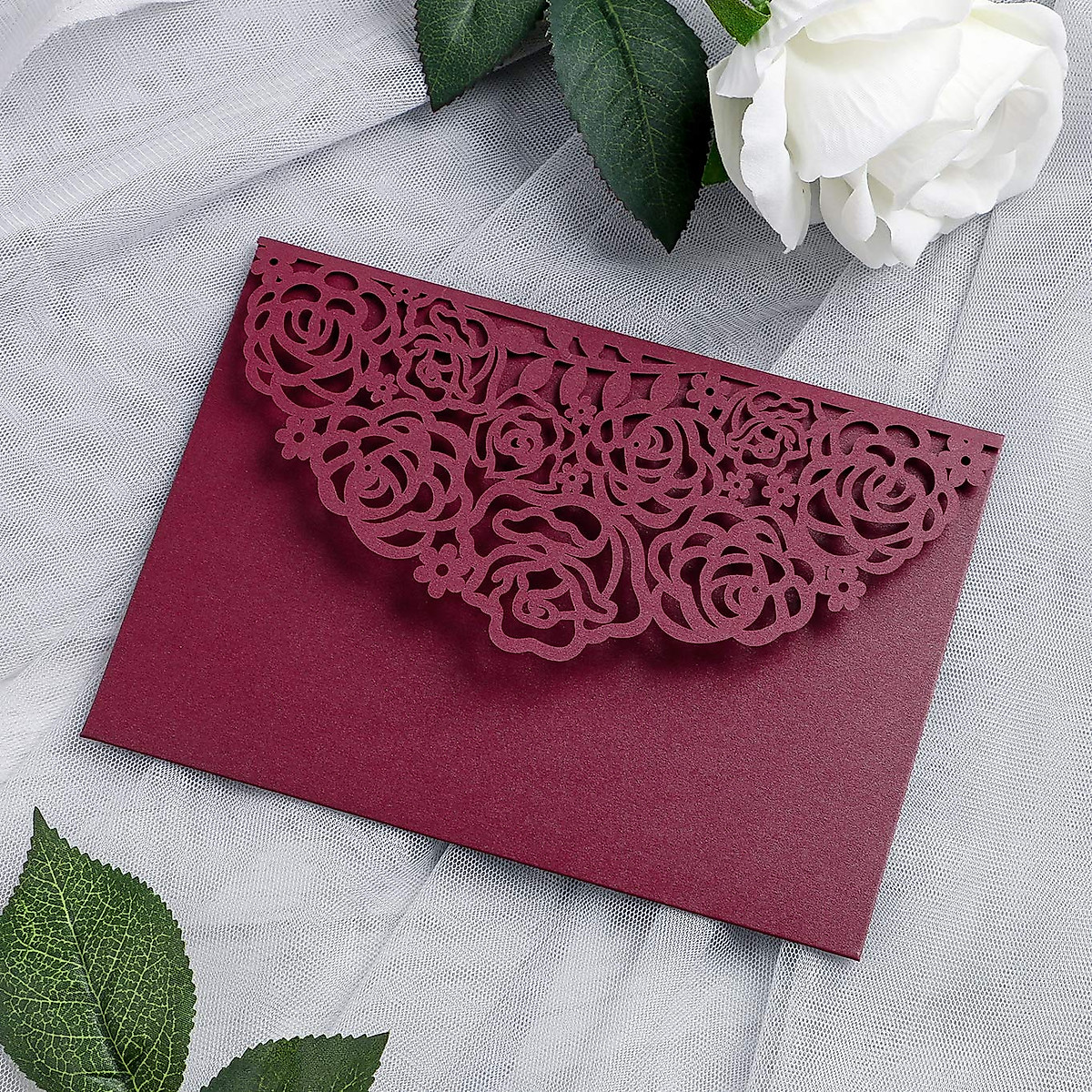 YIMIL 20 Pcs 5.12 x 7.21 inch Tri-fold Laser Cut Wedding Invitation Pocket for Wedding Quinceanera Bridal Shower Baby Shower Party Invite (Burgundy)