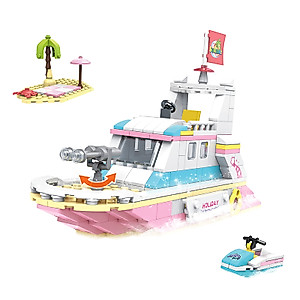 3in1 Girls Boat Cruise Ship Building Sets Friends Beach House Rescue Helicopter Building Kits Summer Holiday Adventures STEM Building Toys Creative Play Set Gift for Kids Aged 6-12, 351 Pieces