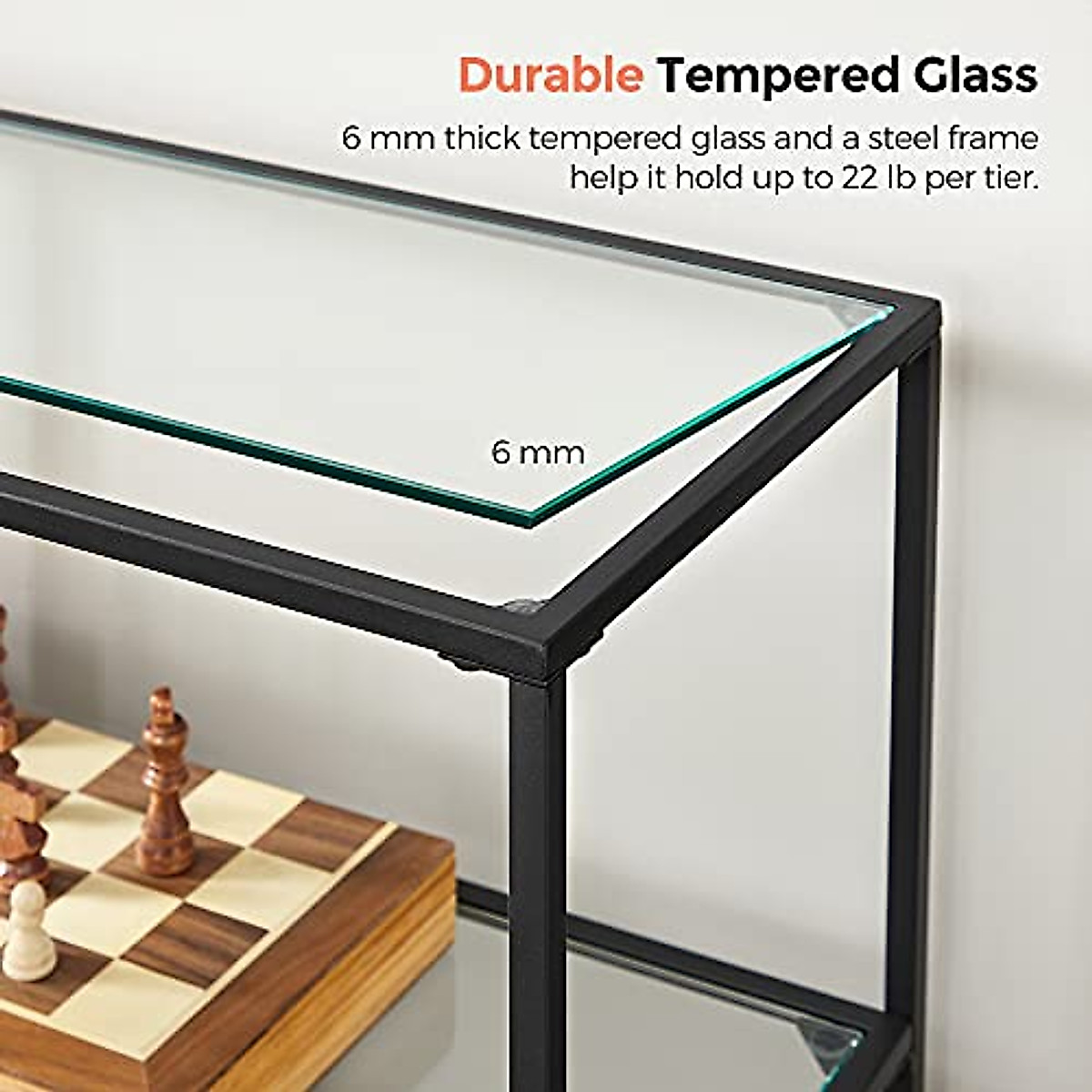 VASAGLE 39.4 Inch Console Sofa Table with 3 Shelves, Steel Frame, Tempered Glass Shelf, Modern Style, for Entryway Living Room Bedroom, Black Color ULGT027B01