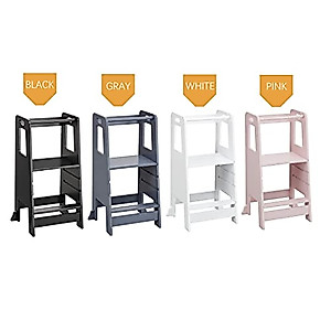 Kid's Wooden Kitchen Step Stool, 220lbs Capacity, Adjustable Platform Standing Tower, with Safety Guardrail Child Studying Tower, Toddler Stool for Bathroom, Cooking Helper（White