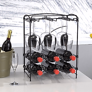 EMT ETRENDS Wine Rack Countertop, Wine Holder for 6 Bottles and 6-9 Glasses, Freestanding Wine Storage Shelves for Kitchen, Pantry, Cellar, Bar, Black.