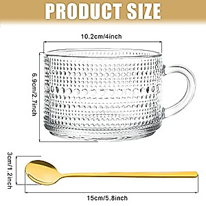4 Pcs Vintage Glass Coffee Mugs 14 Oz Clear Embossed Tea Cups with 4 Pcs Spoons Stackable Drinking Glasses for Cappuccino Water Milk Yogurt Beverage Gift for Family and Friends
