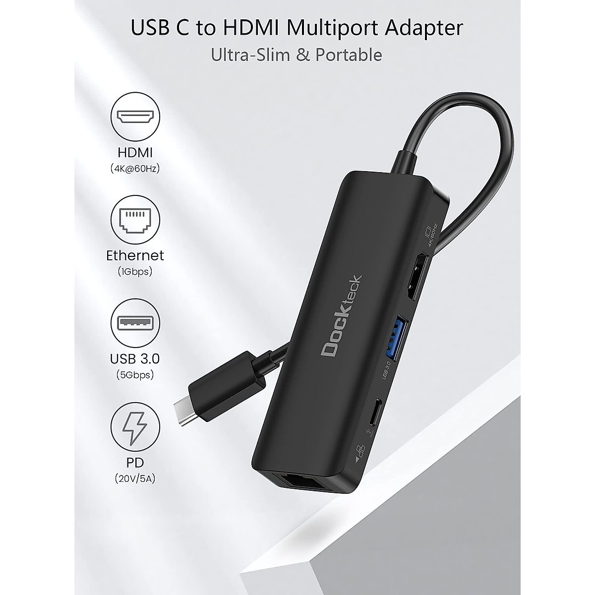 USB C Ethernet Hub 4K 60Hz, dockteck 4-in-1 USB C PD Ethernet Hdmi Dongle with 4K 60Hz HDMI, 1Gbps Ethernet, 100W PD, USB 3.0 for MacBook Pro/Air M1 2020, iPad Pro 2021, iPad Air 2020 and More