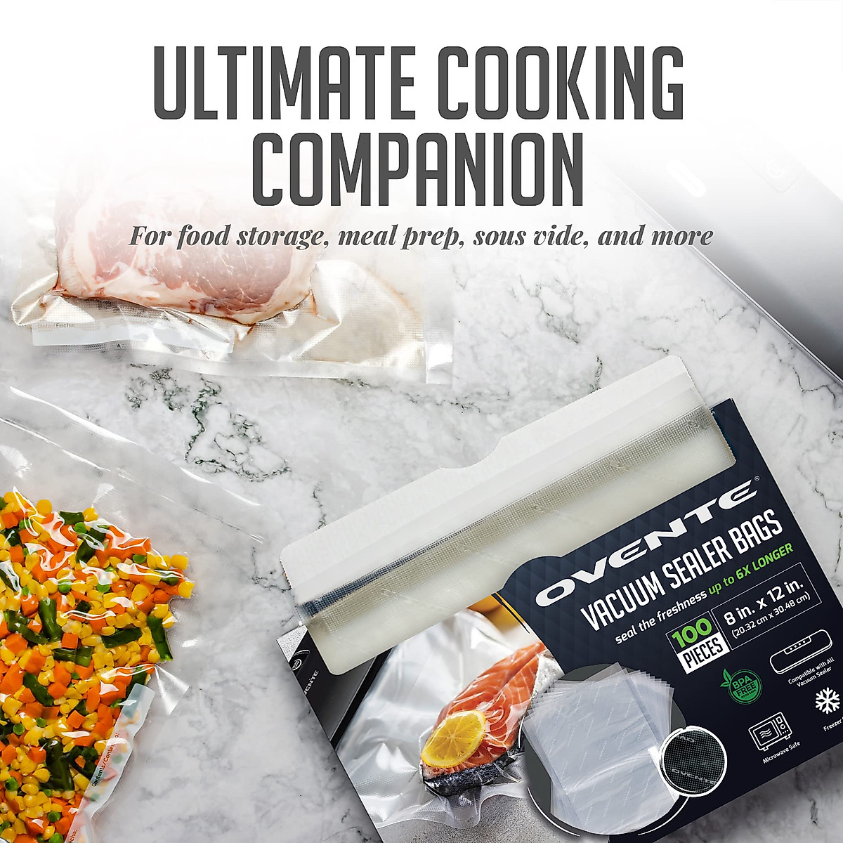 OVENTE Pre-Cut 100 pcs Vacuum Sealer Bags 8” x 12” Works with all Vacuum Sealer Machine, Heavy Duty, BPA-Free for Airtight Food Storage, Meal Prep, Sous Vide, Microwave and Freezer Safe ACPSVPQ100