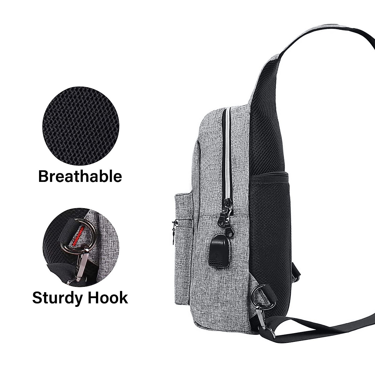 MOSISO Sling Backpack Hiking Daypack with USB Charging Port Outdoor Shoulder Bag, Gray