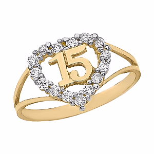 10K Yellow Gold Cubic Zirconia ‘15’ Fifteen Heart Ring, Size 6