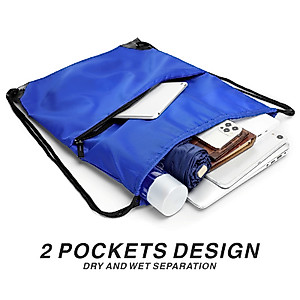 BuyAgain Drawstring Backpack Sports Water Resistant String Bag Sport Gym Sackpack for Women Men Large with Zipper, Royal