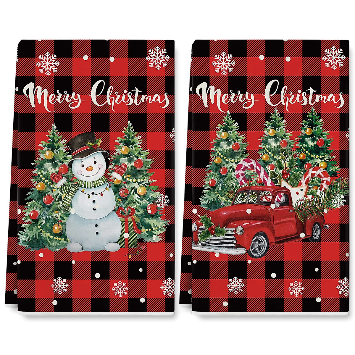AnyDesign Merry Christmas Kitchen Towels Red Black Buffalo Plaid Dish Towels 28 x 18 Snowman Truck Xmas Tree Holiday Hand Drying Towels for Christmas Home Kitchen Decor Housewarming Gifts, Set of 2