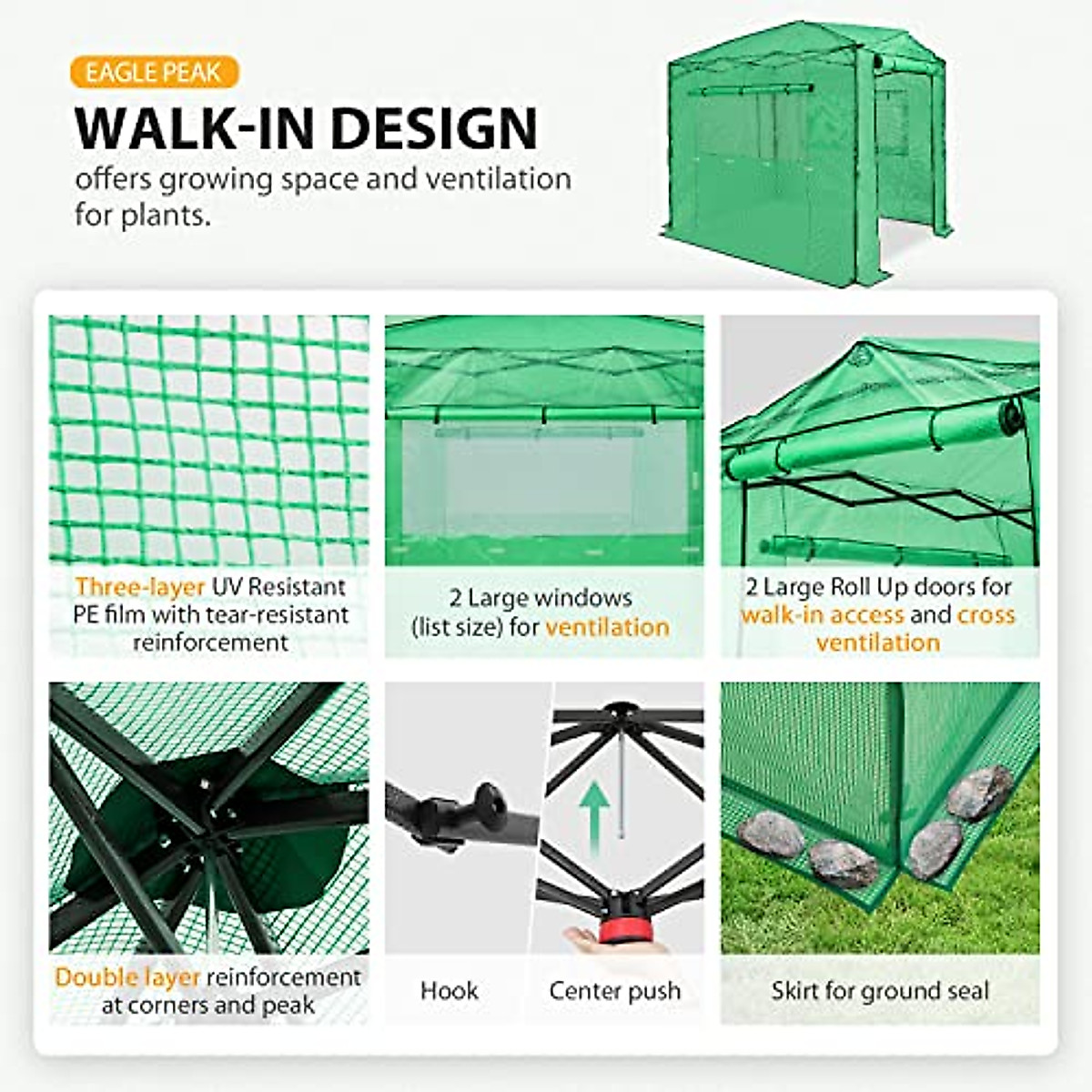 EAGLE PEAK 8x6 Portable Walk-in Greenhouse Instant Pop-up Indoor Outdoor Plant Gardening Green House Canopy, Front and Rear Roll-Up Zipper Entry Doors and 2 Large Roll-Up Side Windows, Green