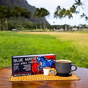Farm-fresh: 100% Kona Coffee - Medium Roast - Compatible with K-Cup 2.0-10 Single Serve Pods - Blue Horse 100% Kona Coffee Arabica Beans from Hawaii