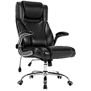 Seevoo Executive Office Chair Desk Swivel Chair High Back Computer Chair - Adjustable Lumbar Support with Flip-Up Arms PU Leather Chair with Spring Cushion (Black)