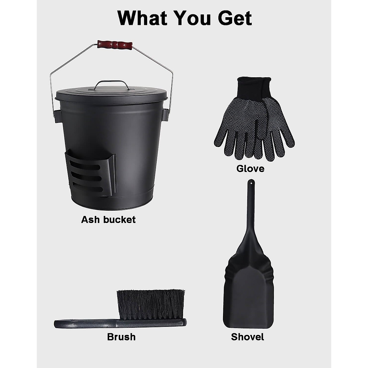 vensovo 5 Gallon Ash Bucket with Lid - Shovel, Broom, and Gloves, Heavy Duty Galvanized Iron, Fire-Resistant, Black Finish Perfect for Fireplaces, Fire Pits, Wood-Burning Stoves, and Grills