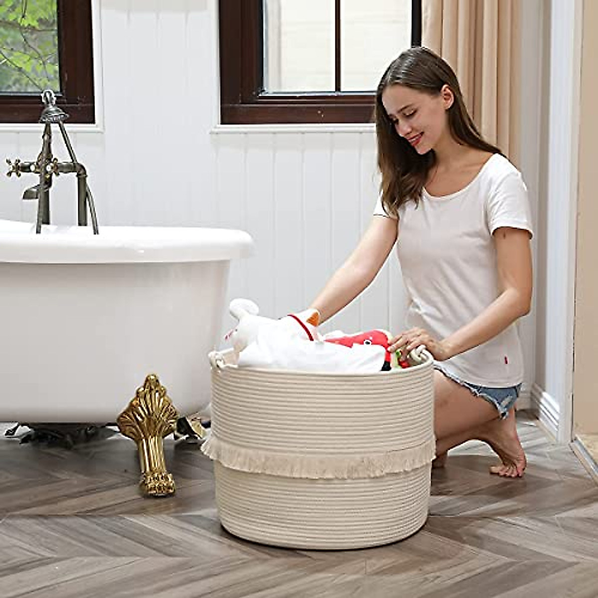 18" x 15" Large Woven Storage Baskets, Cotton Rope Decorative Hamper for Clothes, Blankets, and Laundry, Cute Tassel Decor - Home Storage Container - All White