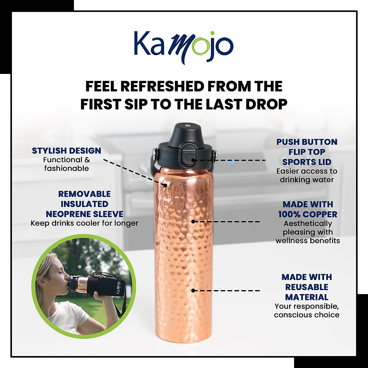 Copper Water Bottle for Drinking - Hammered Pure Copper Water Bottle with Push Button Lid, Removable Sleeve & Copper Straw - Handcrafted Water Bottle Copper Cup 32 fl oz