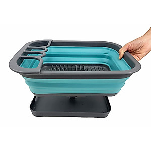 SAMMART 7.3L (1.9 Gallon) Collapsible Dish Drainer with Drainer Board - Foldable Drying Rack Set - Portable Dinnerware Organizer - Space Saving (Alloy Grey + Crystal Blue (Set of 2))