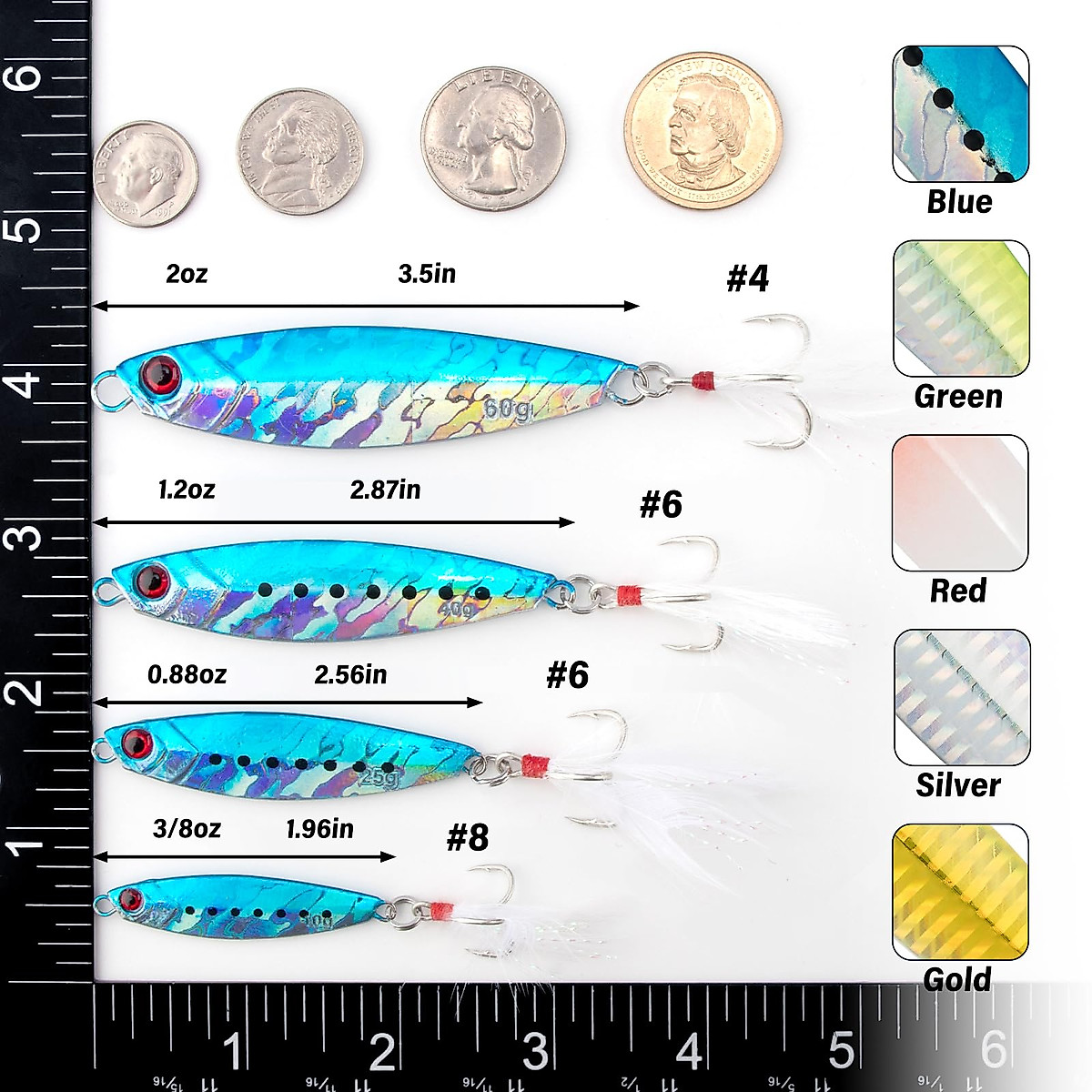 Dr.Fish 5 Pack Metal Jigging Spoon Saltwater Fishing Jigs Spoons Lures Casting Vertical Diamond Jig Lures Freshwater Bass Striper Mackerel Halibut 2oz