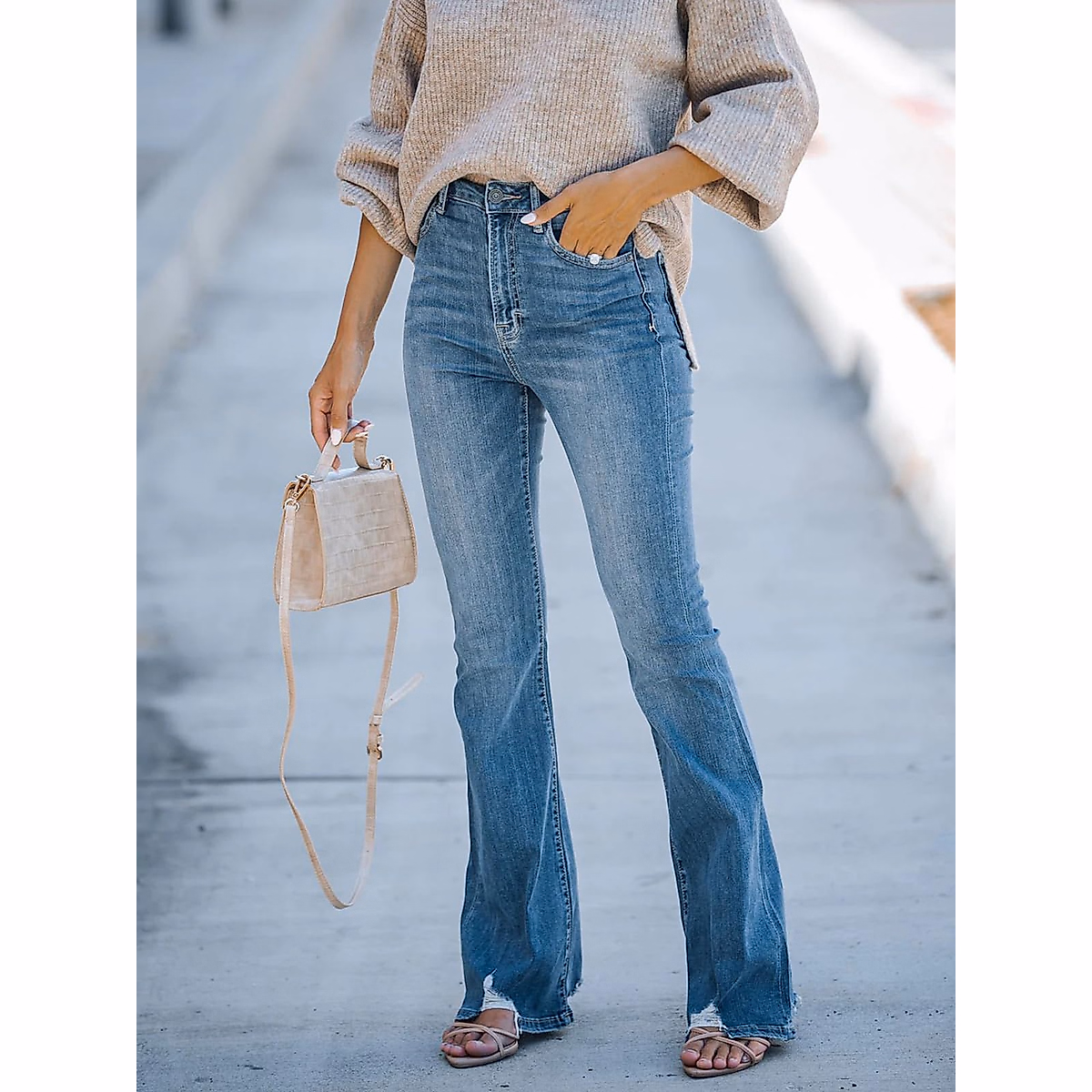 KUNMI Women's Flare Bell Bottom Jeans High Waisted Wide Leg Bootcut Jeans Stretchy Denim Pants