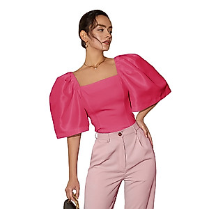 Floerns Women's Square Neck Puff Short Sleeve Elegant Blouse Crop Top Pink M