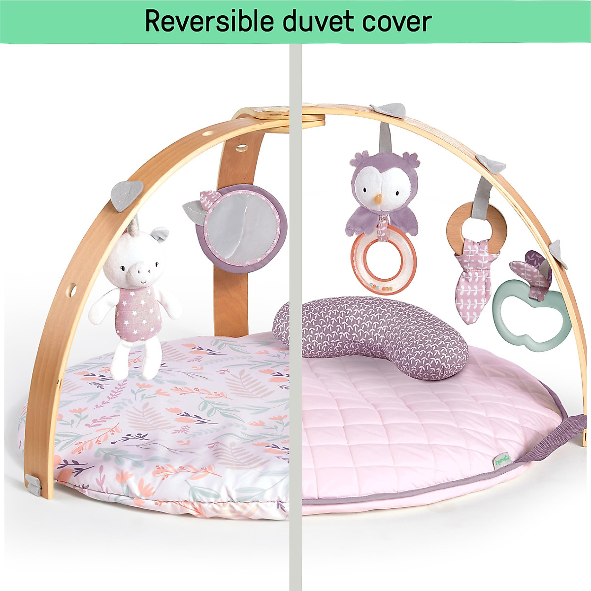 Ingenuity Cozy Spot Reversible Duvet Activity Gym & Play Mat with Wooden-Toy-bar - Calla (Pink), Newborn and up