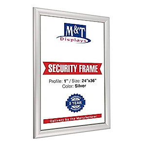M&T Displays Security Snap Poster Frame 1" Aluminum Profile, Front Loading, Picture, Photo, Document, Certificate, Sign Holder, Mitered Corner, Anti Glare Cover (Silver, 24x36 inch)