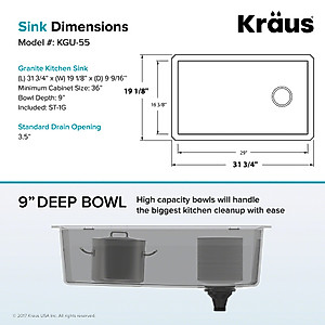 KRAUS Forteza™ 32” Undermount Single Bowl Granite Kitchen Sink in Black, KGU-55BLACK