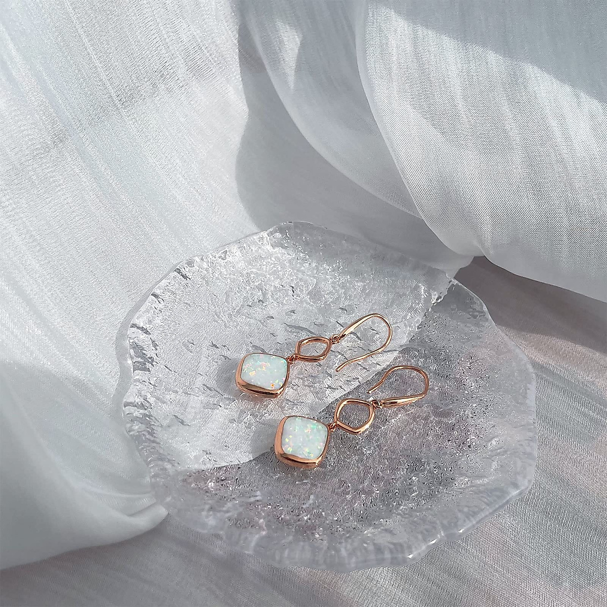 925 Sterling Silver Rose Gold Plated White Opal Dangle Earrings, October Birthstone Dainty Opal Earrings for Women, Bridal Wedding Jewelry Gift for Brides