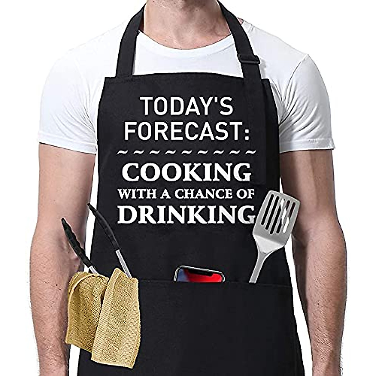 XBPDMWIN Aprons for Men Funny, Men's BBQ Aprons Cooking with A Chance of Drinking, Fully Adjustable, Two Pockets, Extra Long Ties