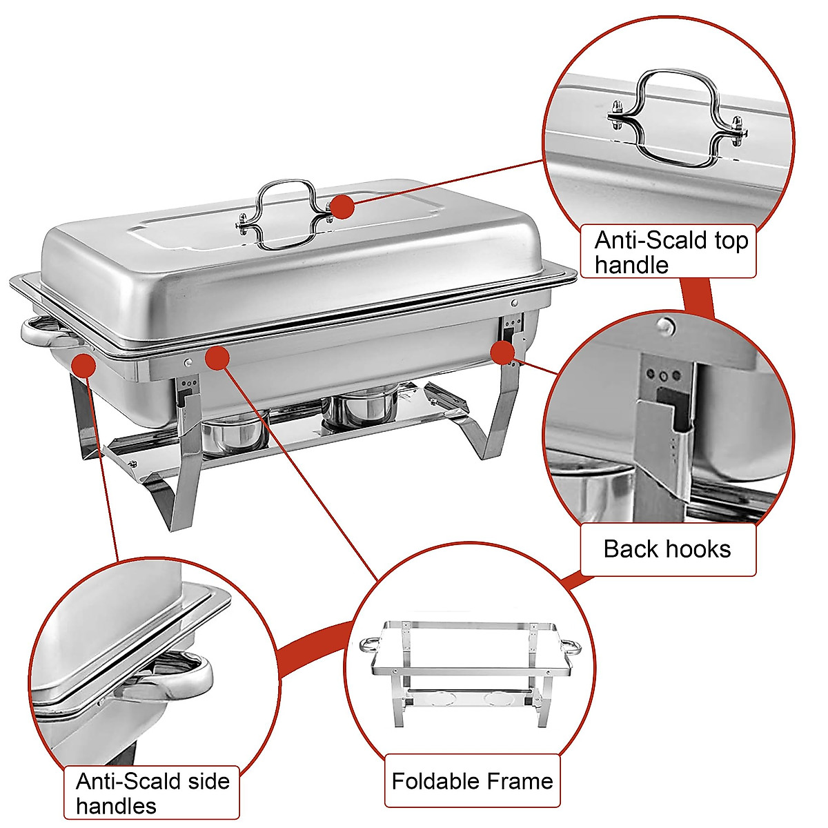MRIISEL Chafing Dish Buffet Set - 4 Pack, 8 Quart Stainless Steel Chafer Buffet Servers and Warmers Set with Folding Frame for Weddings, Parties, Banquets, and Catering Events