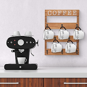 EMAISON Solid Wood Coffee Mug Holder Wall Mounted, Rustic Cup Rack with 8 Hooks Large Space for Big Cups for Kitchen, Home, Coffee Bar Station (Brown)