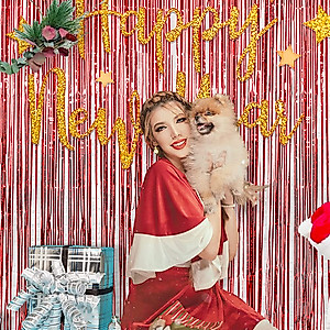 2PCS Red Foil Fringe Curtain Backdrop, 8ft Sparkle Tinsel Metallic Curtains for Birthday Party Wedding Graduation Photo Booth Backdrop Valentines Christmas Halloween Disco Party Decorations