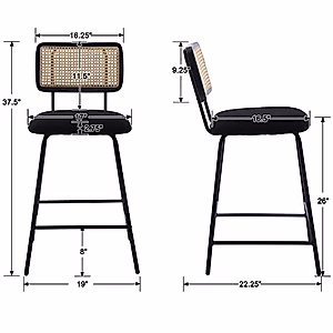 ZSARTS Black Rattan Barstools Set of 2, 26" Boucle Fabric Counter Height Bar Stools with Cane Back, Wicker Bar Chairs for Pub/Kitchen/Home Bar