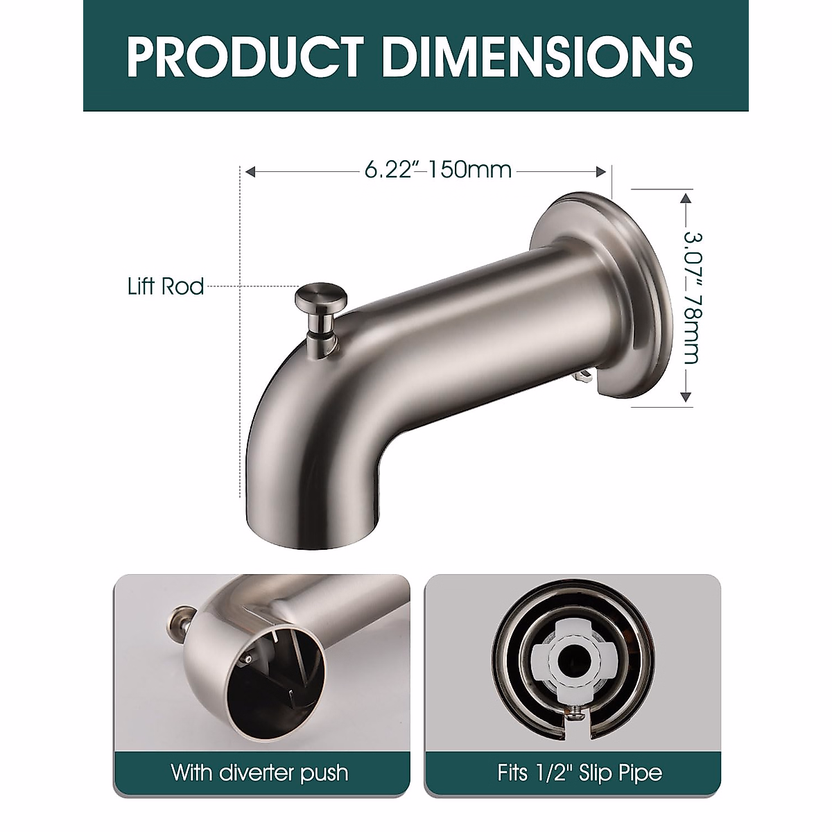 LOCALAND Slip-On Extra Long Tub Spout with Diverter, 1/2 Inch Slip Fit Connection,Brushed Nickel