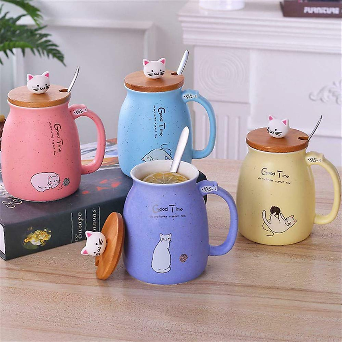 F FINEC 15oz Cute Cat Ceramic Mug, 450ml Milk Coffee Tea Cup With Spoon And Three-dimensional kitty Wood Lid, Heat-Resistant Cartoon Kitten Mugs For Children Office Lovers Gifts