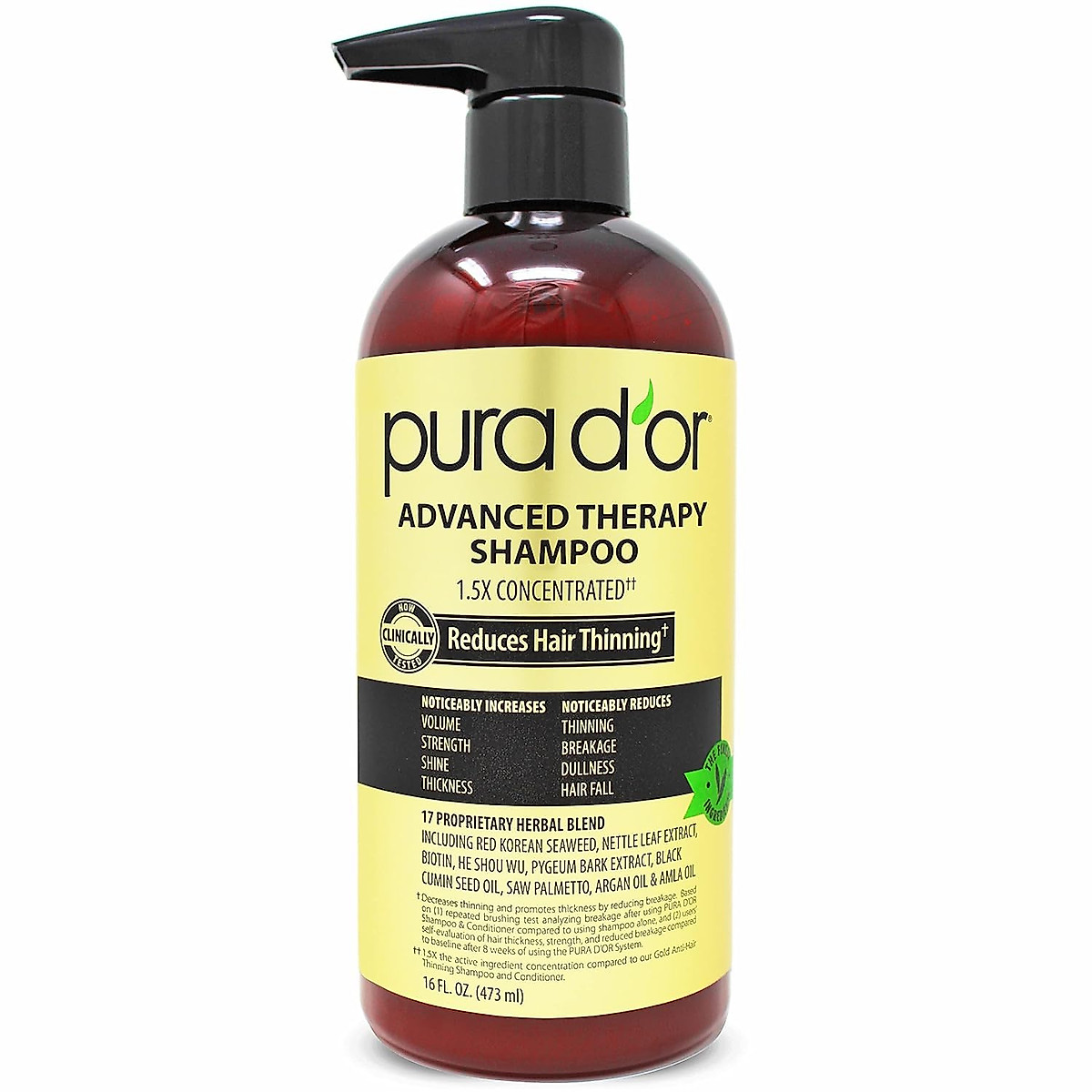 PURA D'OR 16 Oz Advanced Therapy Shampoo Reduces Hair Thinning & Increases Volume, No Sulfate, Biotin Shampoo Infused with Argan Oil, Aloe Vera for All Hair Types, Men & Women
