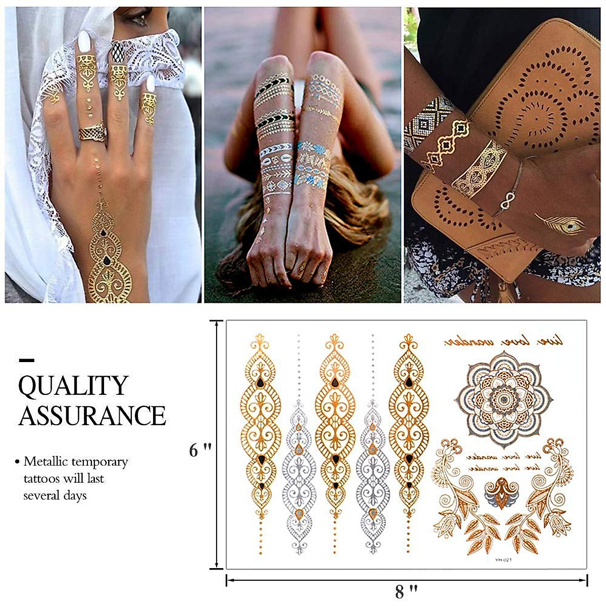 Metallic Temporary Tattoos 120+ for Women Teens Girls Tattoos Gold Silver Glitter Flash Waterproof Tattoo Stickers for Beach, Festivals, & Parties