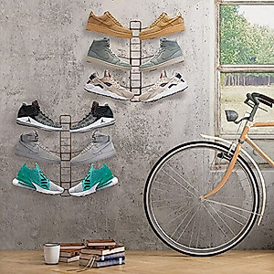 mDesign Modern Metal Shoe Organizer Display & Storage Shelf Rack - Adjustable Shelves Hang & Store Kicks, Running, Basketball, Tennis Shoes - 3 Tier, Each Wall Mount Unit Holds 6 Shoes, 2 Pack, Bronze