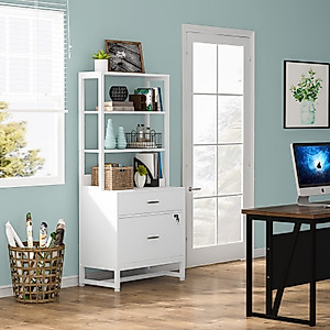 Tribesigns 2 Drawer Vertical File Cabinet with Lock & Bookshelf, Letter Size Large Modern Filing Cabinet Printer Stand with Open Storage Shelves for Home Office, White