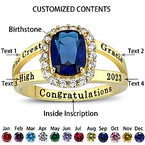 Personalized 10kt White Gold Class Ring with Cubic Zirconia Birthstone Women's Graduation Ring Customizable Women's Class Ring High School & College Sizes 5-15