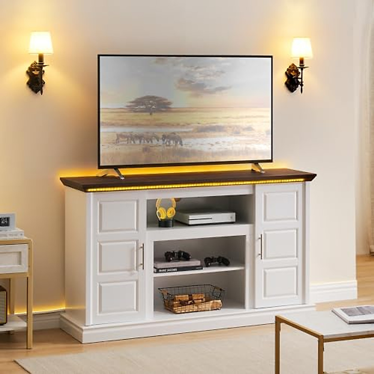 IDEALHOUSE Farmhouse Modern TV Stand, 58 x 15.7 x 33.8 inches, White