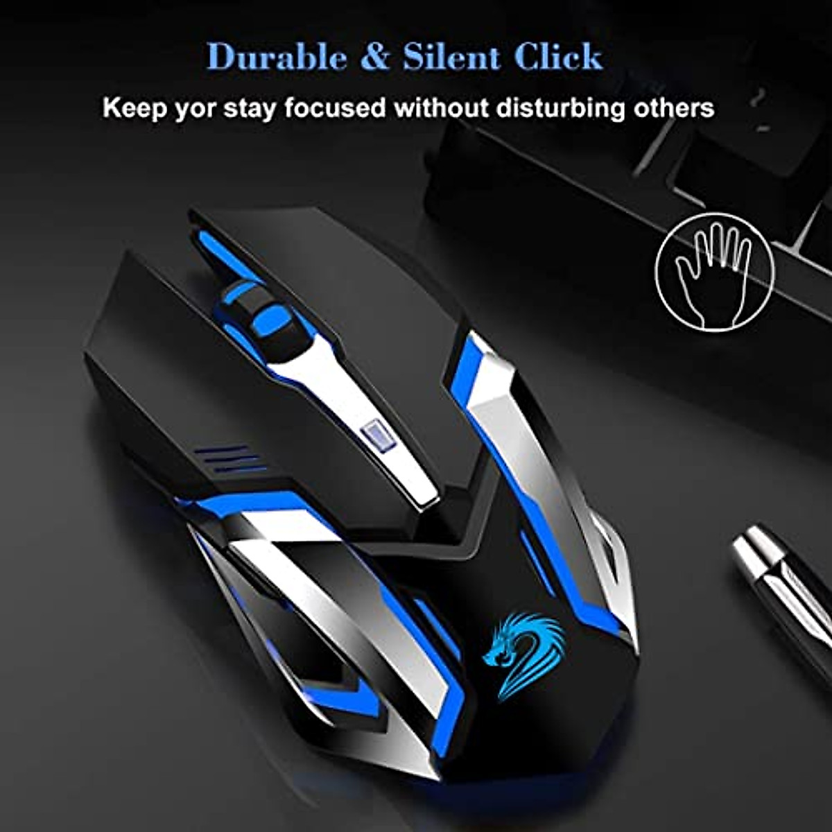 Uciefy X96 Wireless Gaming Mouse, Rechargeable Silent Mouse 4 Breathing Led Light Optical Mice with Nano USB Receiver, 2400 DPI High Precision Laser for Computer/Laptop/Mac/PC (Black)
