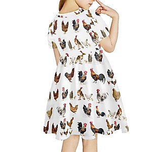 Biyejit Rooster Chicken Print Girl's Short Sleeve Dress 3D Printed Casual Swing Twirl Skirt for Holiday Theme Party 3-14Y
