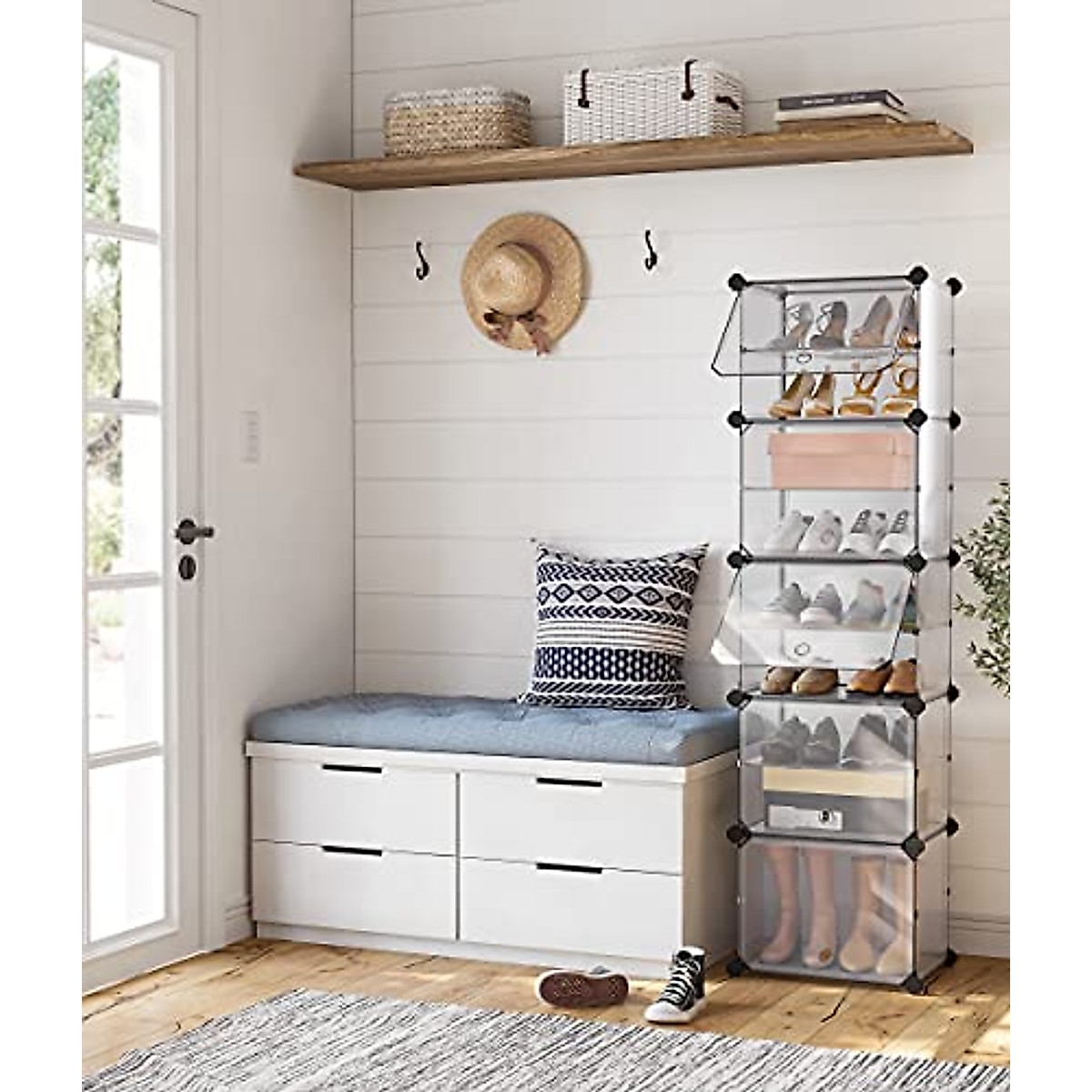 SONGMICS Shoe Rack, 10-Slot Storage Organizer Unit with Doors, Portable Cube Shoe Storage Organizer, Plastic Modular DIY Storage Shelf, Closet Divider for Clothes Bags Toys, Transparent ULPC506T01