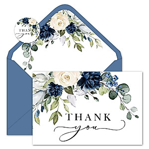 JarThenaAMCS 24 Pack Floral Thank You Cards Bulk Watercolor Blue Flower Note Cards with Envelopes Stickers Decorative Greeting Blank Cards for Wedding Baby Shower Birthday
