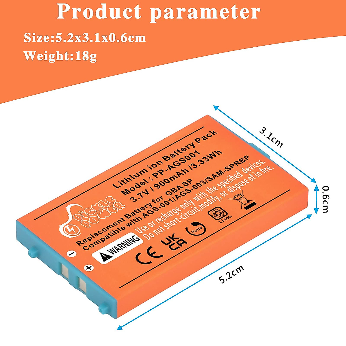 GBA SP Battery Replacement, Pickle Power 900mAh Rechargeable Lithium-ion Battery with Tool Kit Compatible With Nintendo Gameboy Advance SP Battery